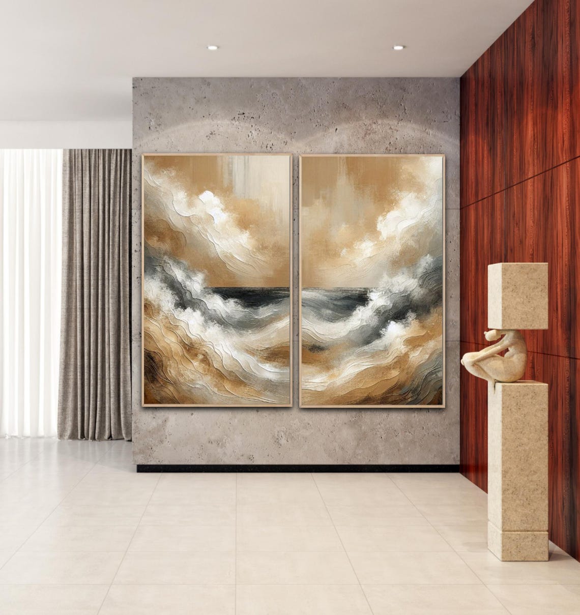 Beige Textured Abstract Painting Set of 2 Ocean Waves Painting 2 Pieces ...
