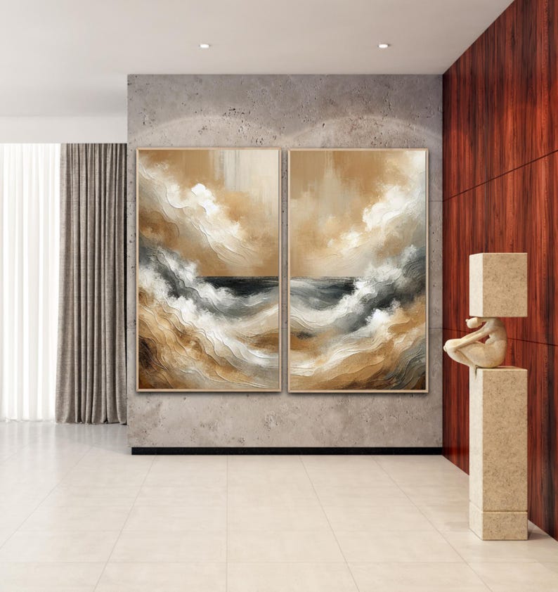 Beige Textured Abstract Painting Set of 2 Ocean Waves Painting 2 Pieces ...