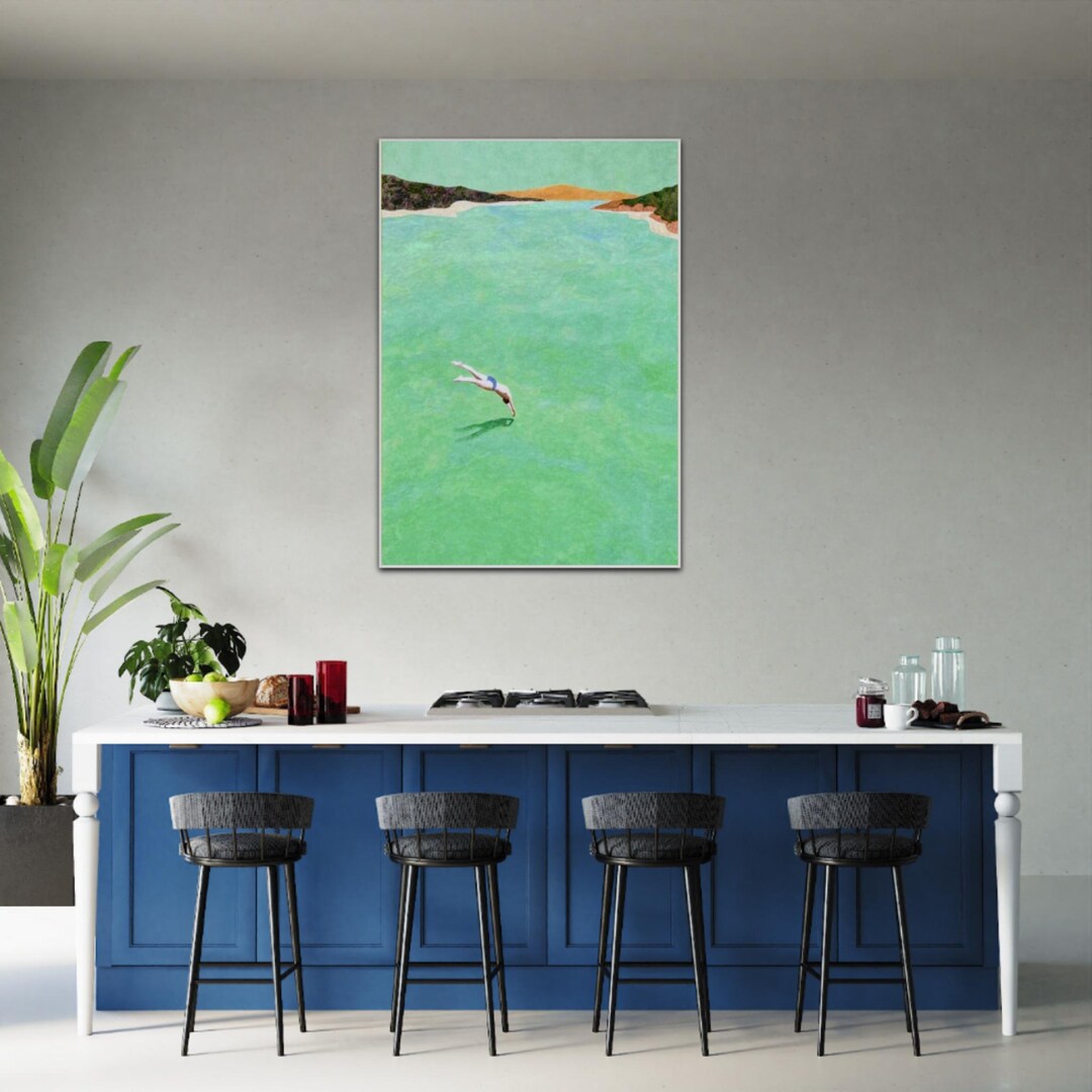 A Man Diving Into the Sea Green Ocean Painting Vintage Retro Painting ...