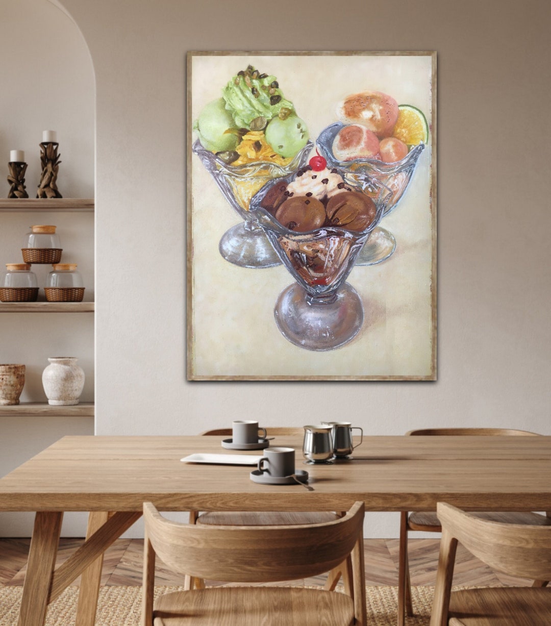 Vintage Beige Background Oil Painting: Trio of Sundae Glasses Filled ...