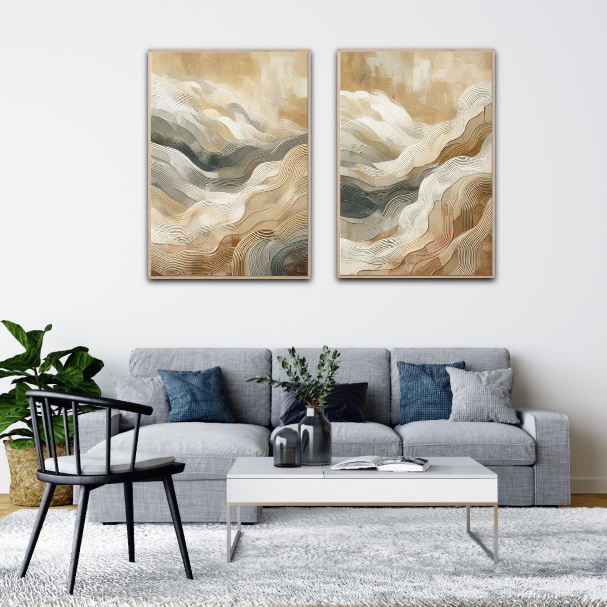 Beige Textured Abstract Painting Set of 2 Ocean Waves Painting 2 Pieces ...