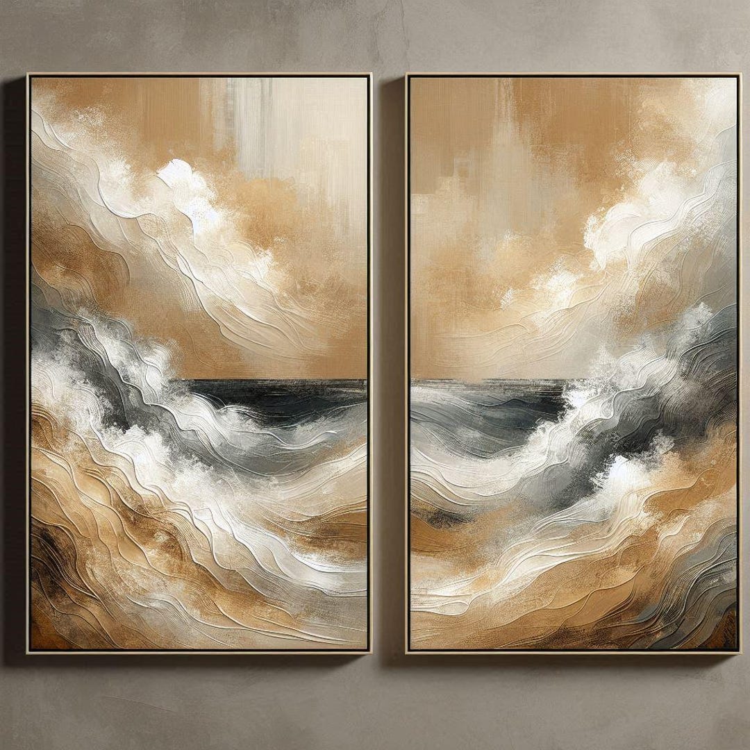 Beige Textured Abstract Painting Set of 2 Ocean Waves Painting 2 Pieces ...