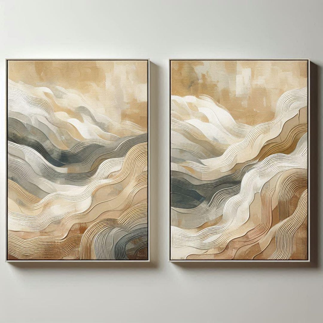 Beige Textured Abstract Painting Set of 2 Ocean Waves Painting 2 Pieces ...