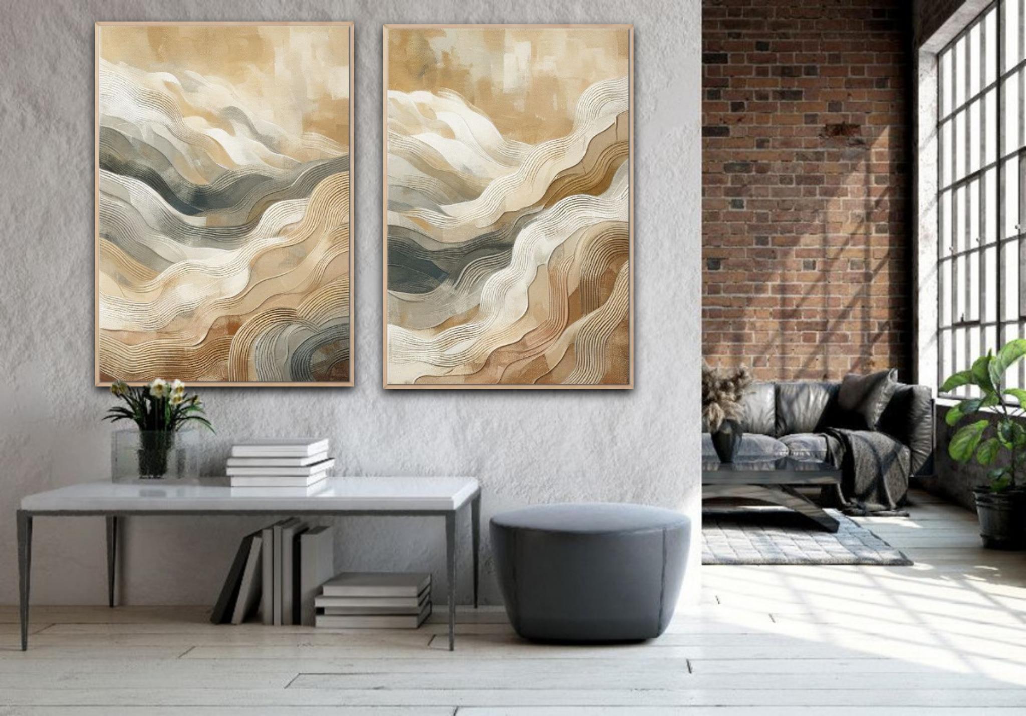 Beige Textured Abstract Painting Set of 2 Ocean Waves Painting 2 Pieces ...
