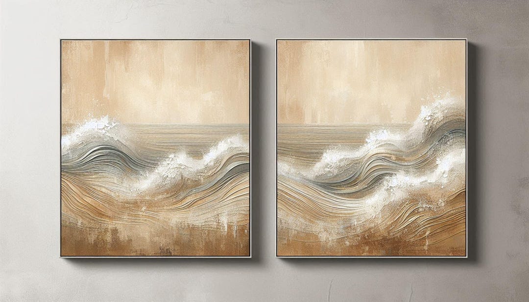Beige Textured Abstract Painting Set of 2 Ocean Waves Painting 2 Pieces ...