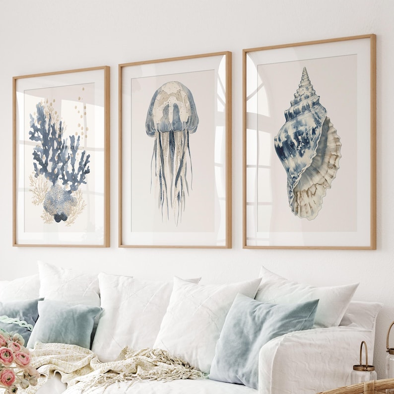 Coastal Jellyfish Coral Prints: Beach House Nautical Wall Art Set of 3 ...