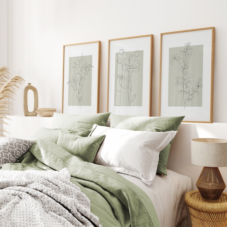 Sage Green Wall Art, Botanical Set of 3 Line Art, Living Room Dorm Wall ...