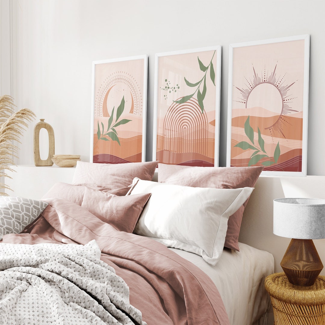 Boho Set of 3 Poster, Terracotta Rainbow Green Leaves, Abstract Boho ...