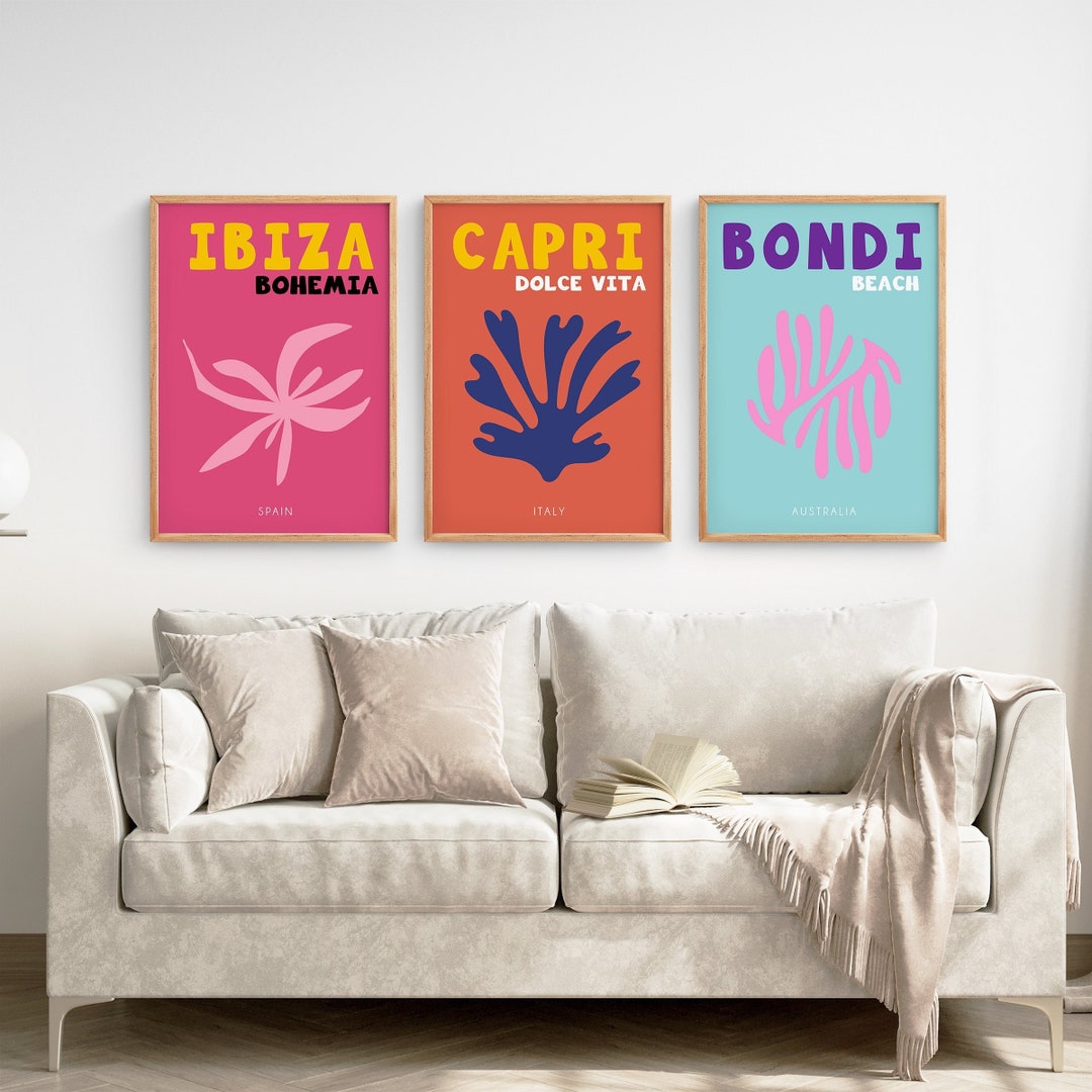 Set of 3 Travel Prints, Wall Art Set Trendy, Preppy Posters, Bondi Beach Capri Italy Ibiza ...