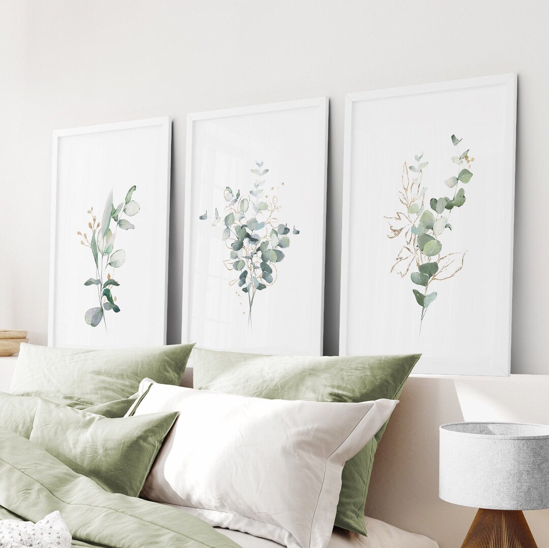 Eucalyptus Wall Art Set of 3, Gold Blue Botanical Watercolor, Leaves ...