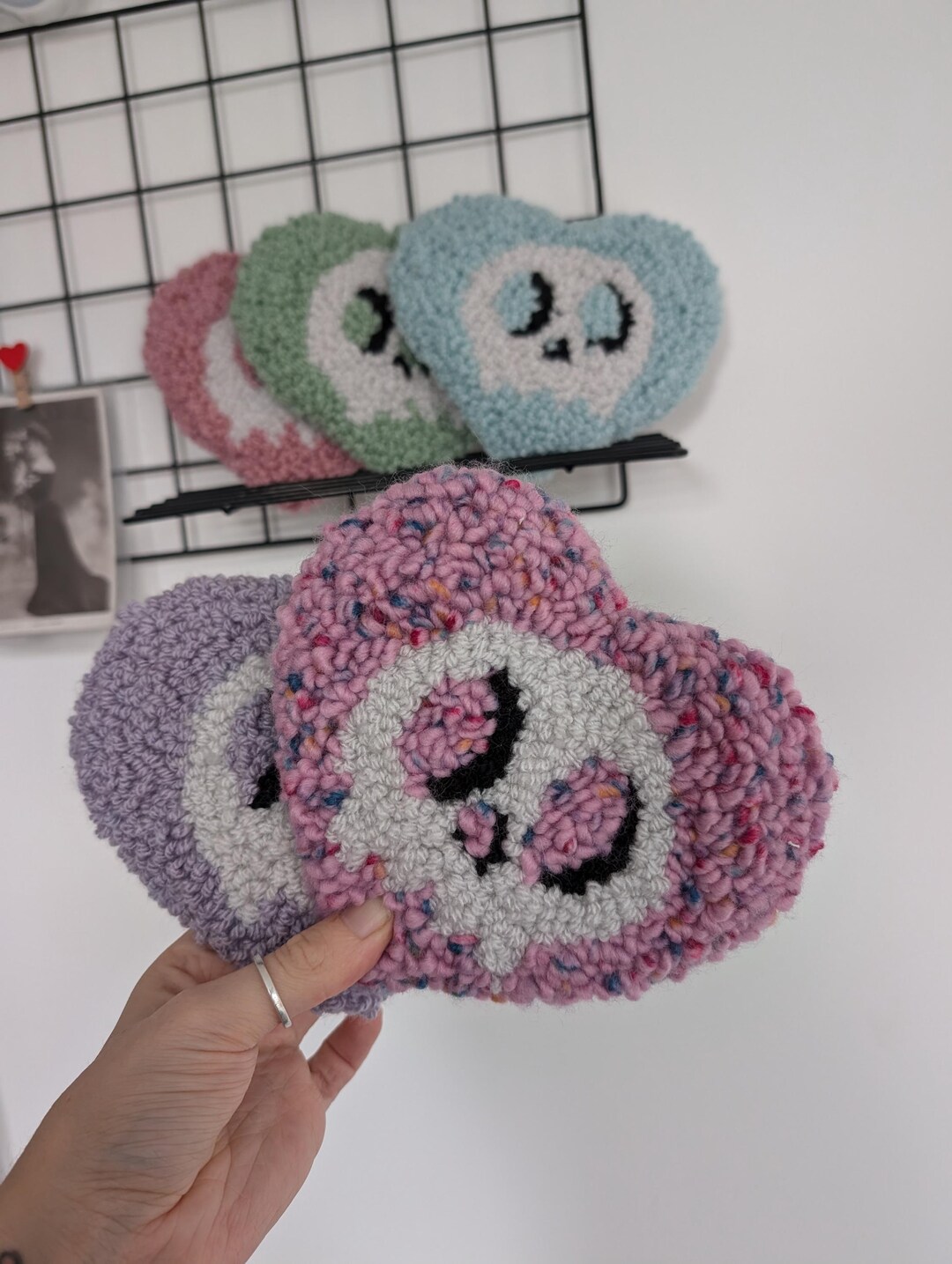 Heart & Skull Punch Needle Wall Art – Pastel Goth Décor, Handmade ...