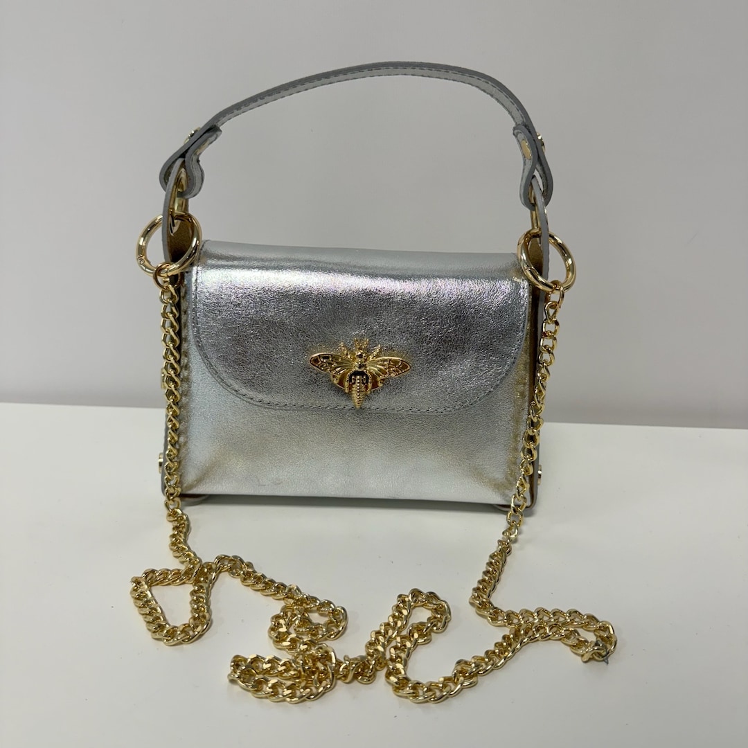 Bee Leather Shoulder Bag Women Handmade Italian Gold Tone Metal Chain ...