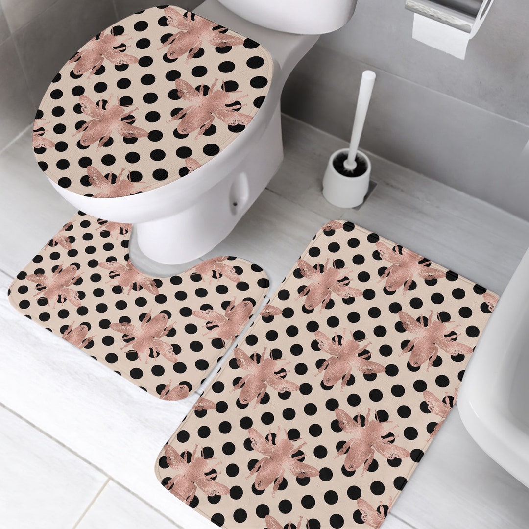 Honeybee Print Bathroom Mat Set, Crystal Velvet 3 Pcs Toilet Rug Set, U ...