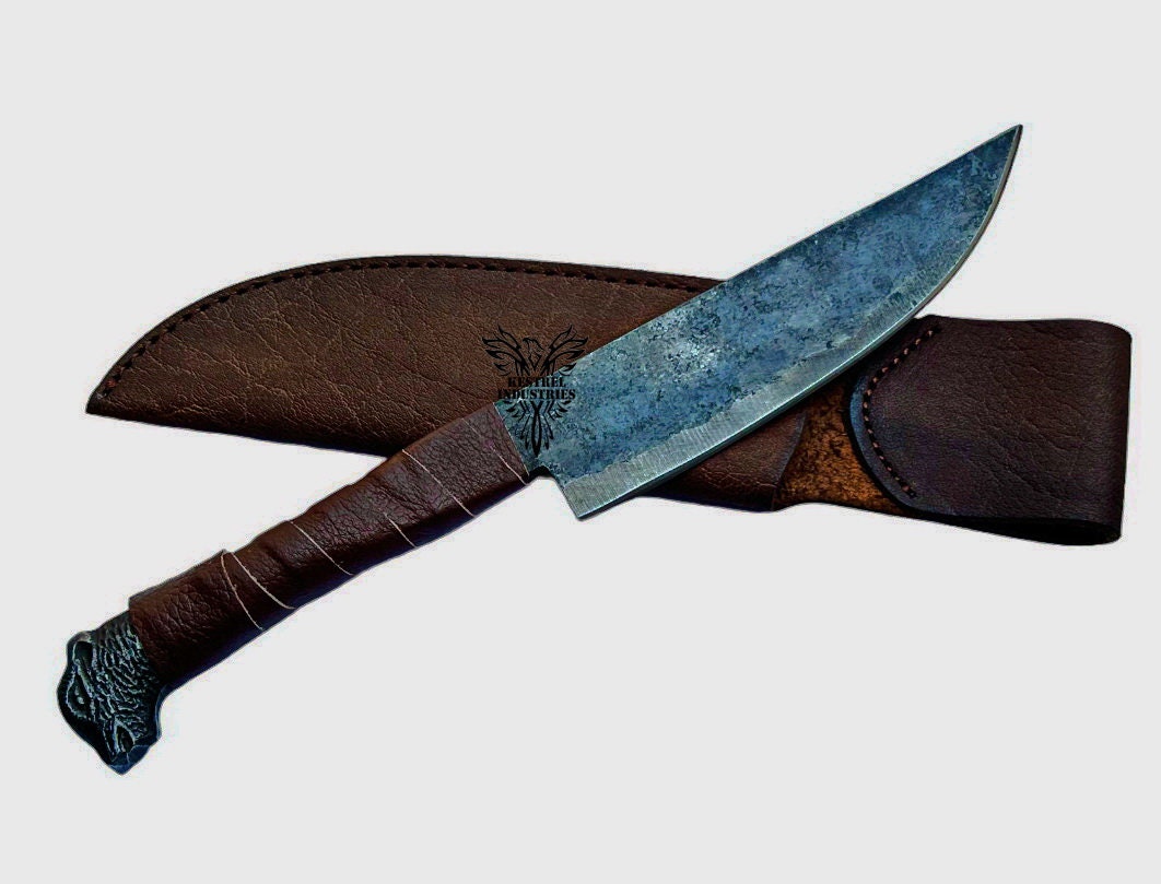 Custom Handmade Viking Carbon Steel Wolf Head Knife With Pure Cowhide ...