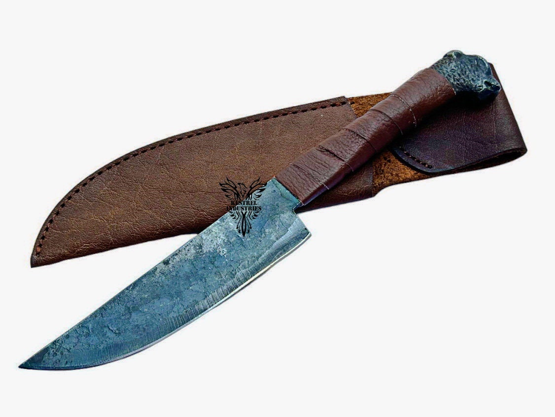 Custom Handmade Viking Carbon Steel Wolf Head Knife With Pure Cowhide ...