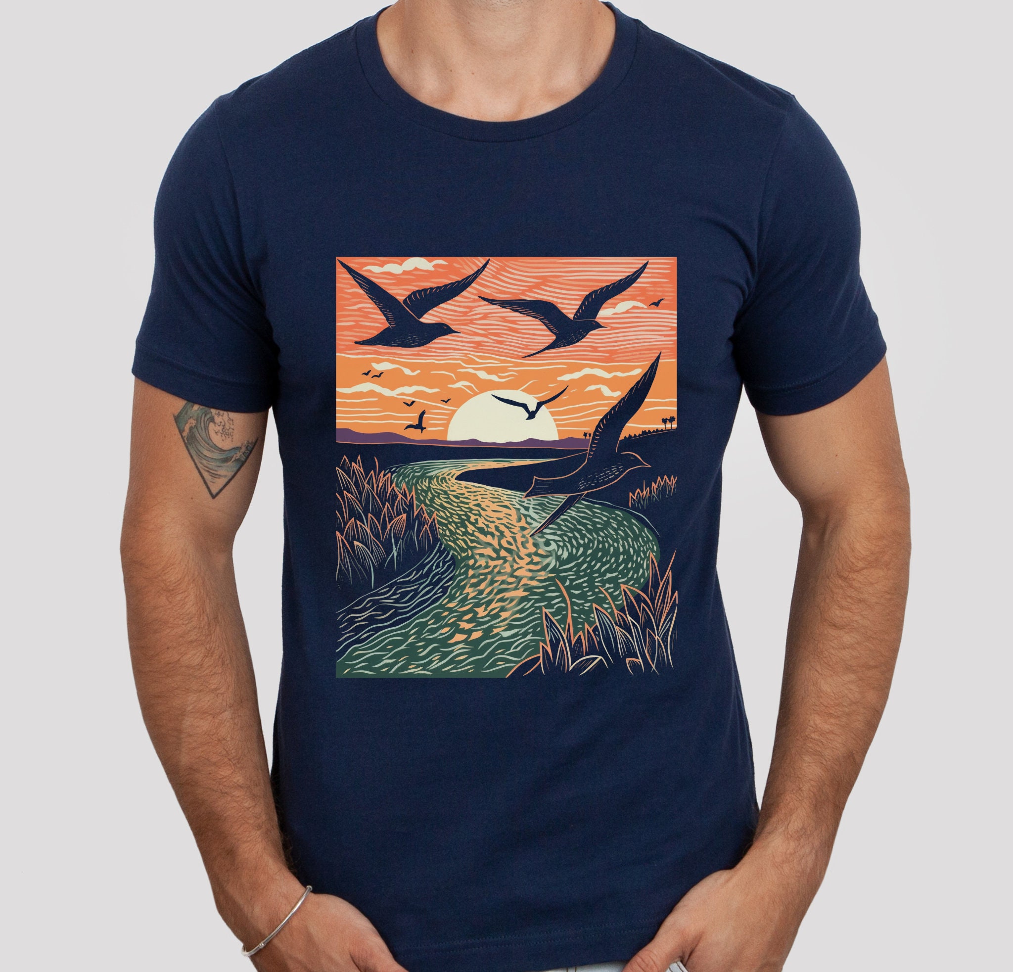 Block Print Style Sunset Shirt Bird Shirt Bird Lover Shirt Wildlife ...