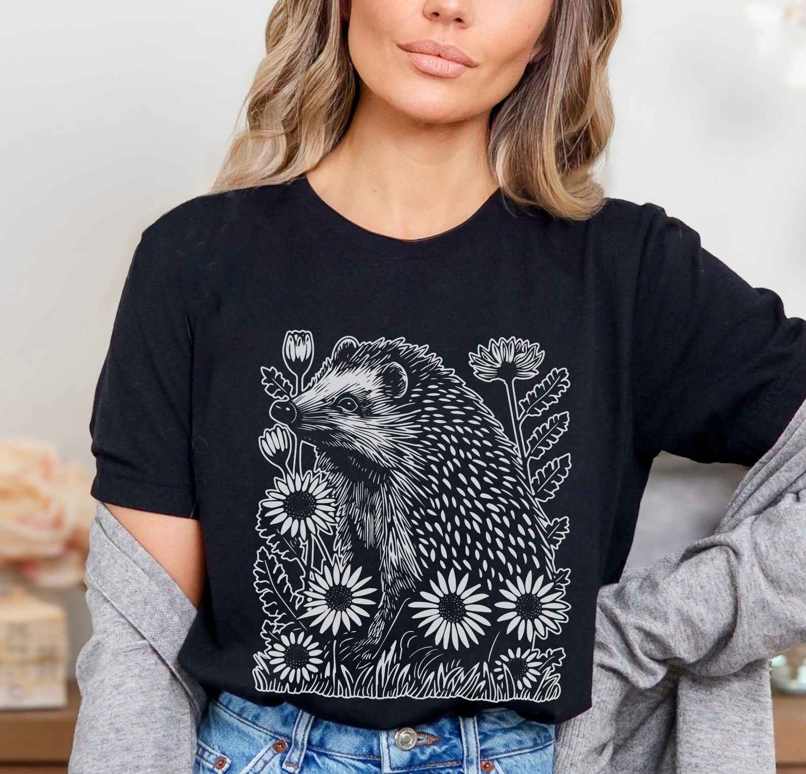 Daisy Hedgehog Block Print Style Shirt Hedgehog Shirt Hedgie Lover ...