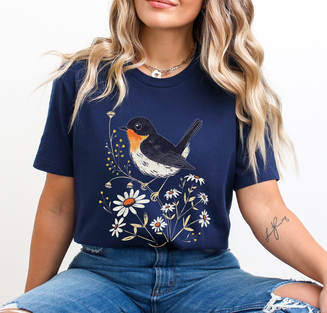 Robin Block Print Style Shirt Bird Shirt Bird Lover Shirt Bird Gift ...