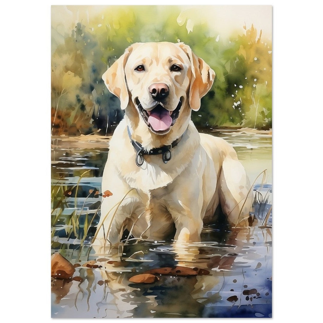 Labrador Watercolour, Playing in River, Painting, Print, Poster ...