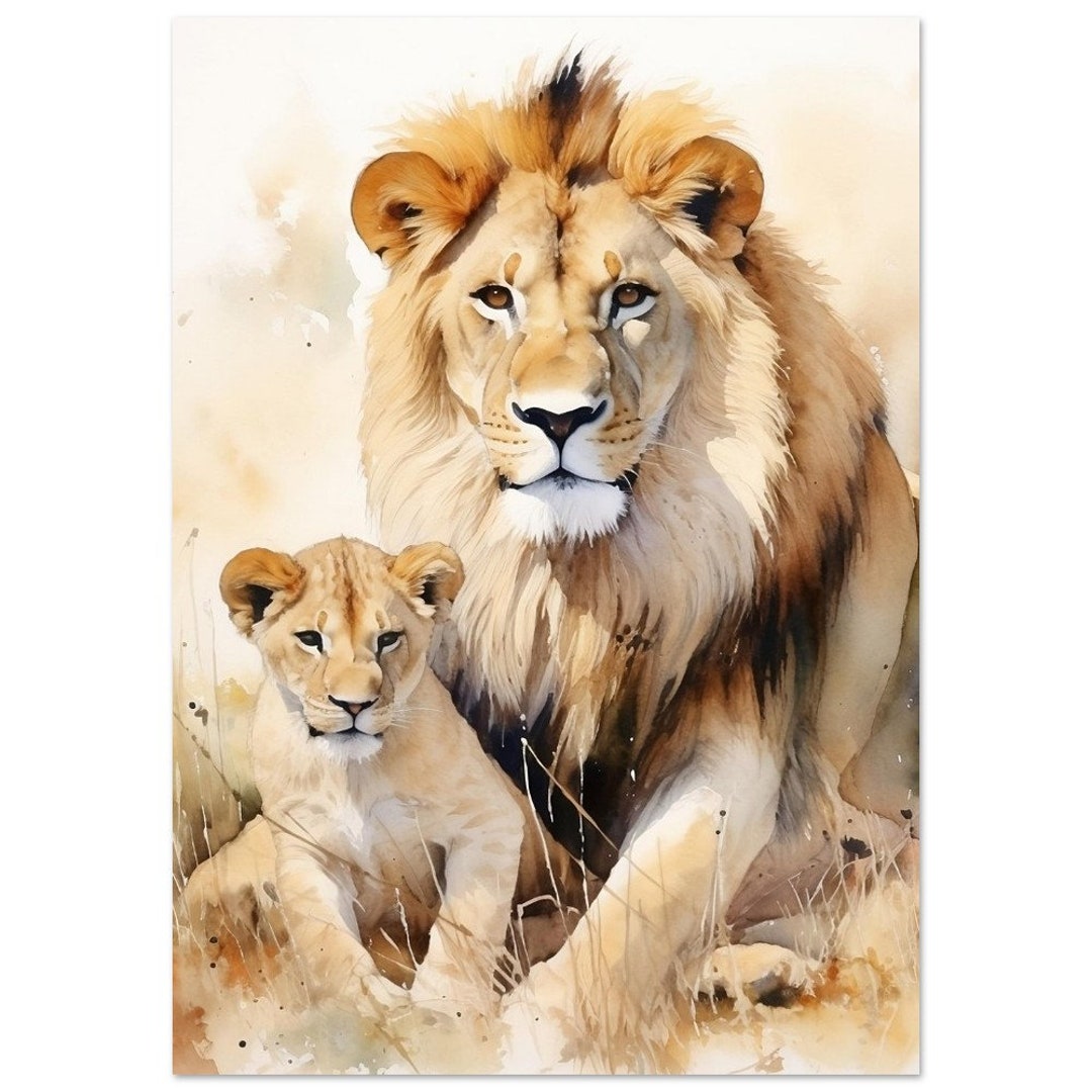 Lion and Cub Watercolour Print - Etsy