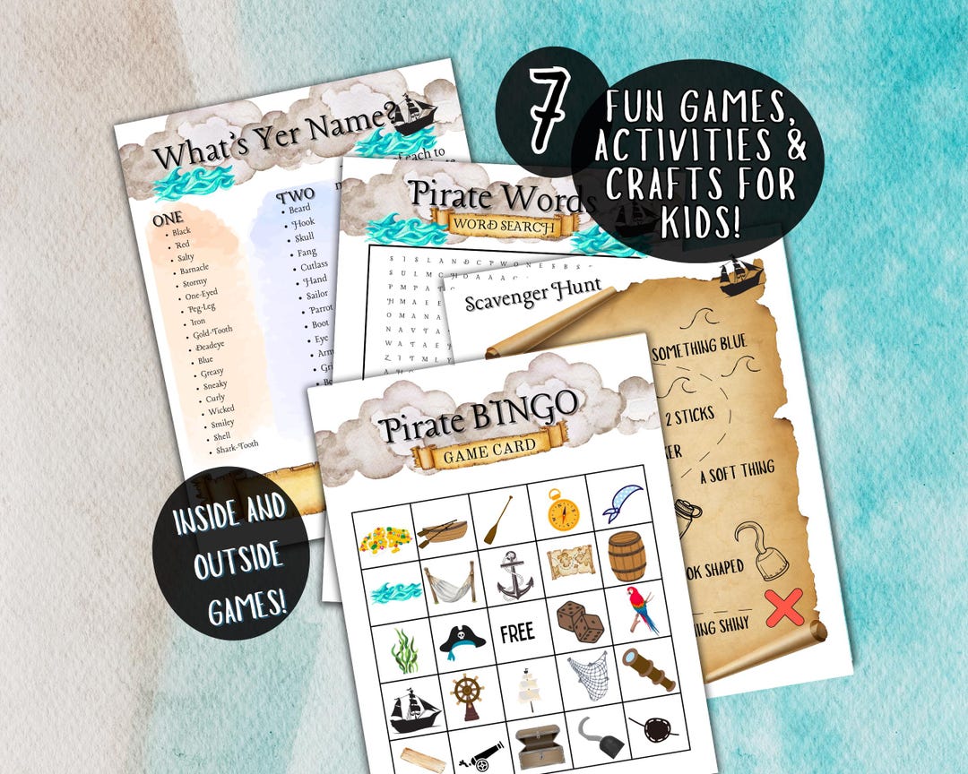 Kid Pirate Party Games & Crafts Bundle: Scavenger Hunt, Word Search ...