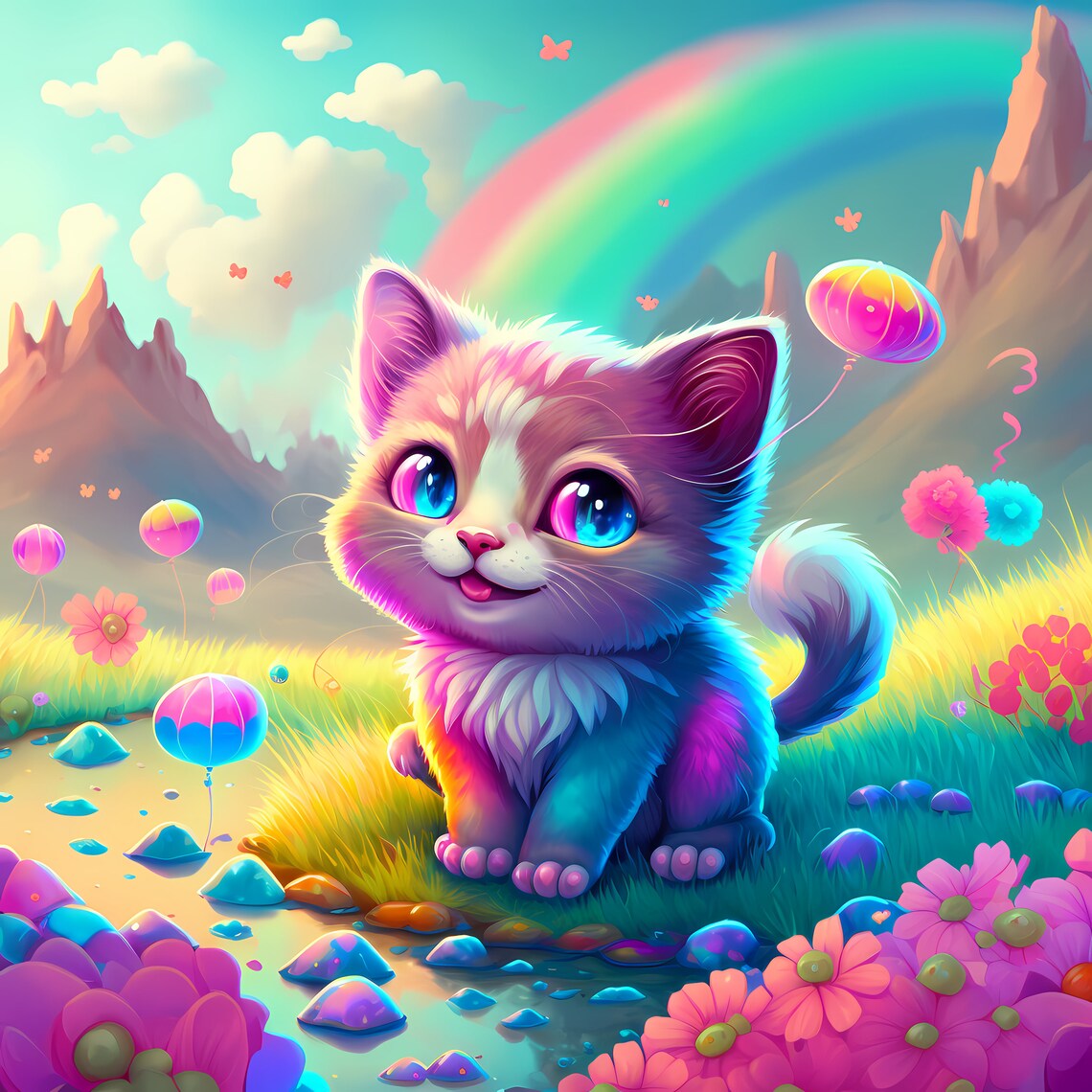 Rainbow-riding Mittens the Kitten in Candyland - Etsy