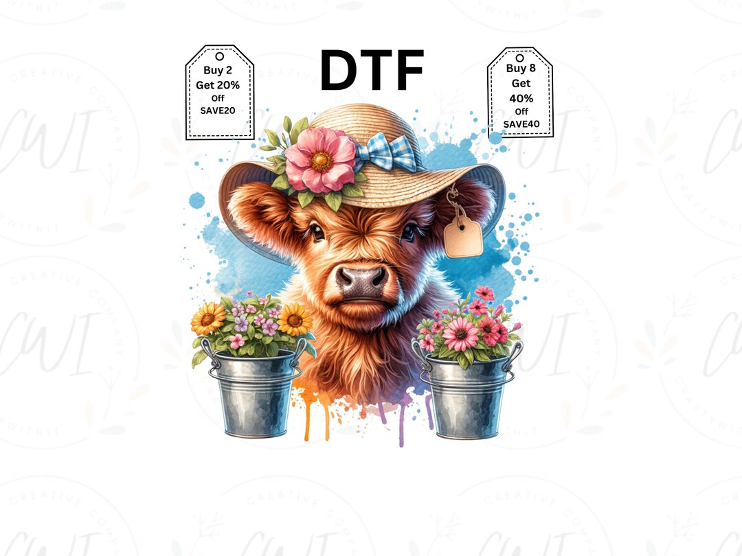 Highland Cow DTF, Potted Plants Direct to Film, Cow and Flowers Print ...