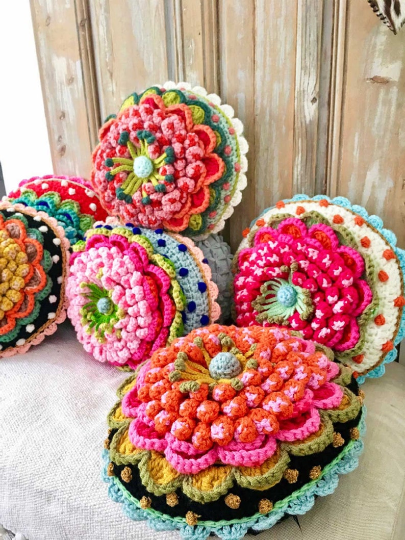 Crochet Pattern Cushion ‘dahlia’ - Flowers Pillow Colorful Decoration ...