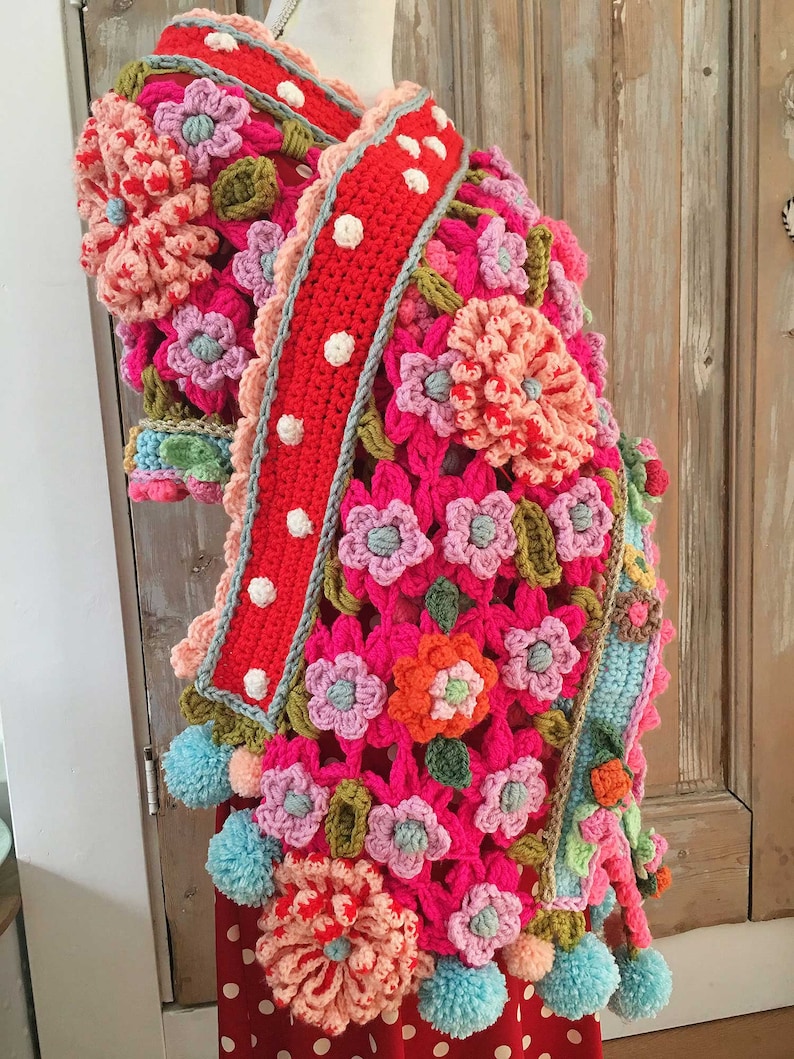 Crochet Pattern Wrap ‘dolores’ - Shawl Stole Bed Runner Pom Poms - DIY ...