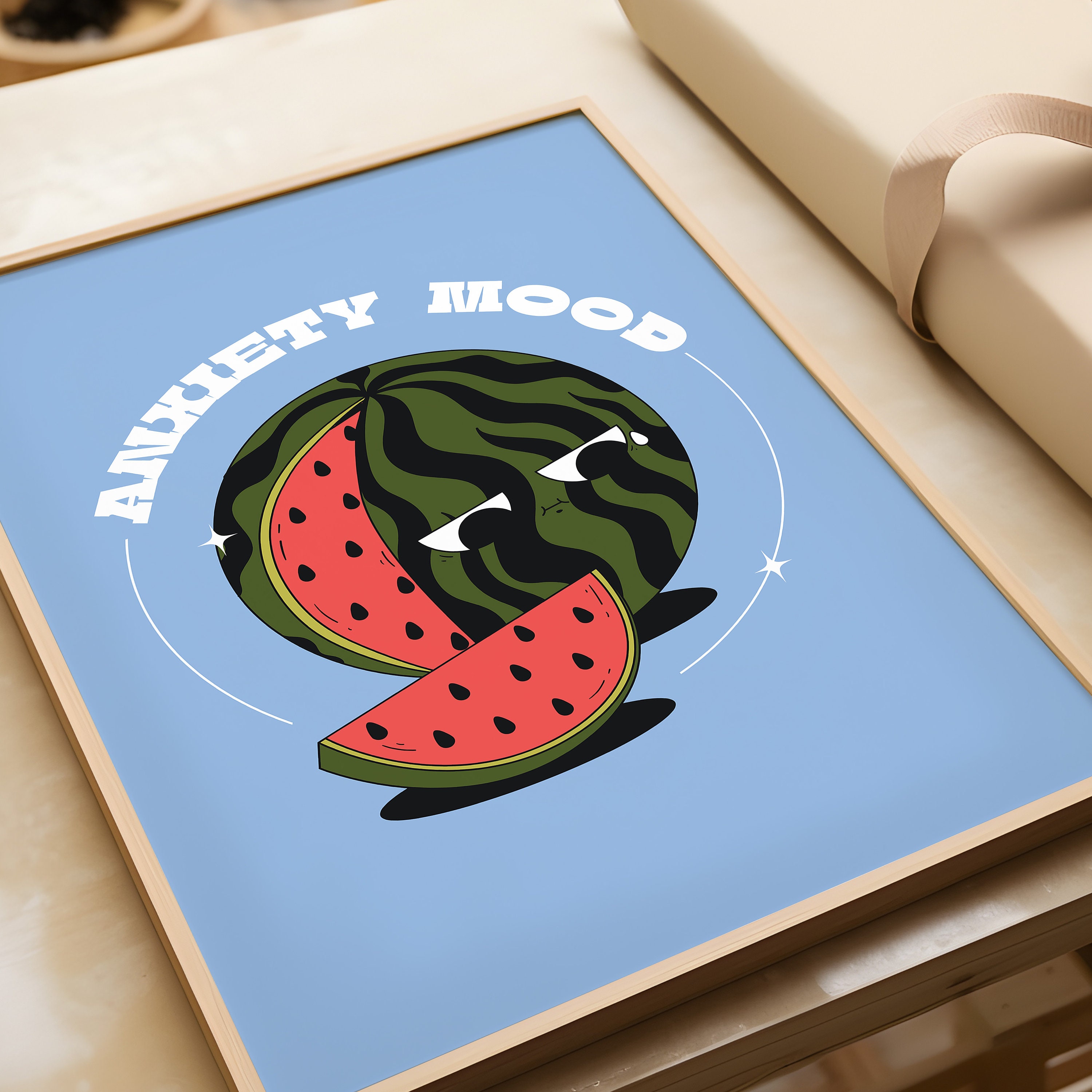 Sad Watermelon Anxiety Mood Digital Poster: Cute Fruit Illustration ...