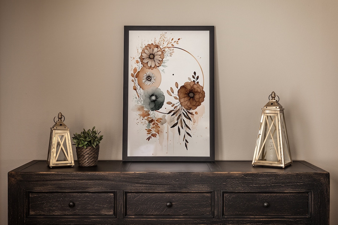 Boho Style Watercolor Poster - Copper and Taupe Color - Flowers ...