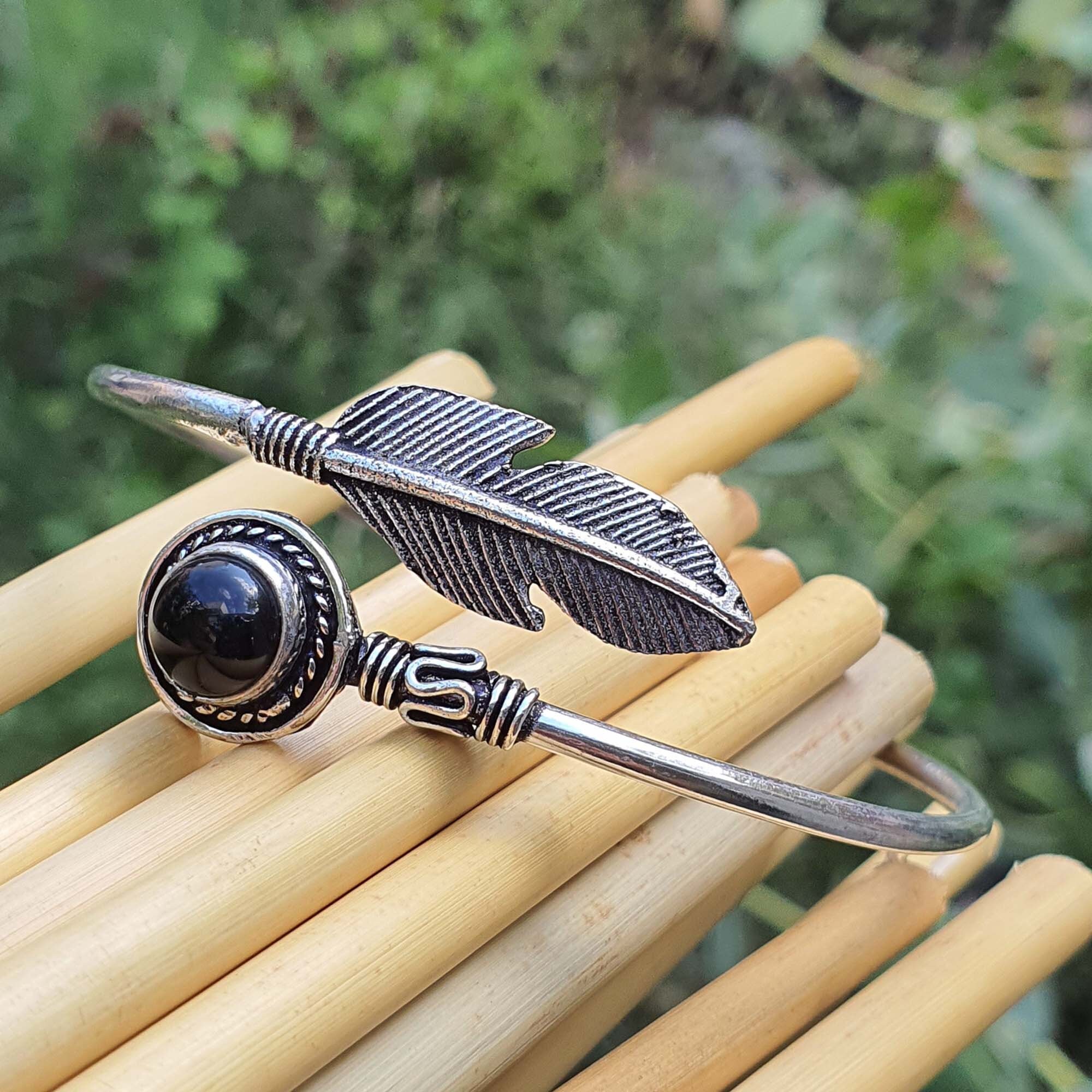 Feather Bangle With Black Onyx Gemstone Adjustable Bangle Feather Angel ...