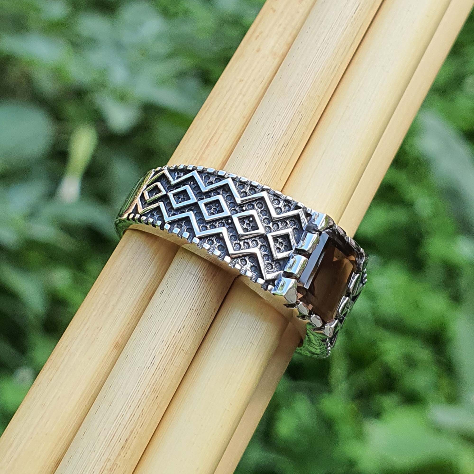 Emerald Cut Men's Smoky Quartz Ring Sterling Silver | Zig Zag Band | Bold Ring | Emerald Ring ...
