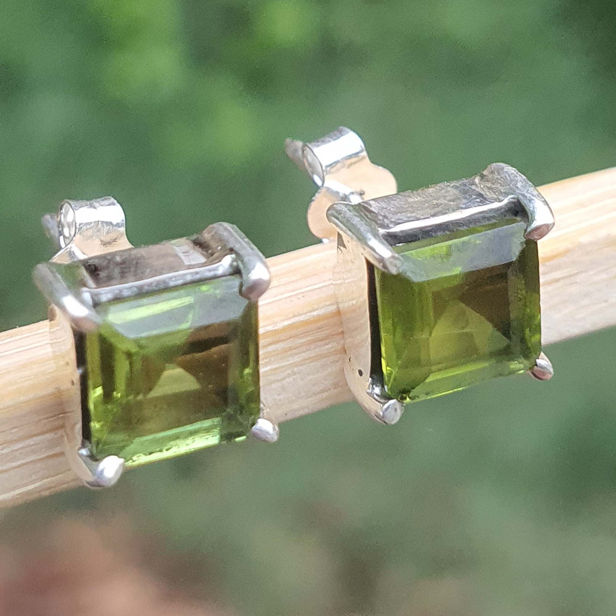 Square Cut Peridot Stud Earrings Sterling Silver Peridot - Etsy
