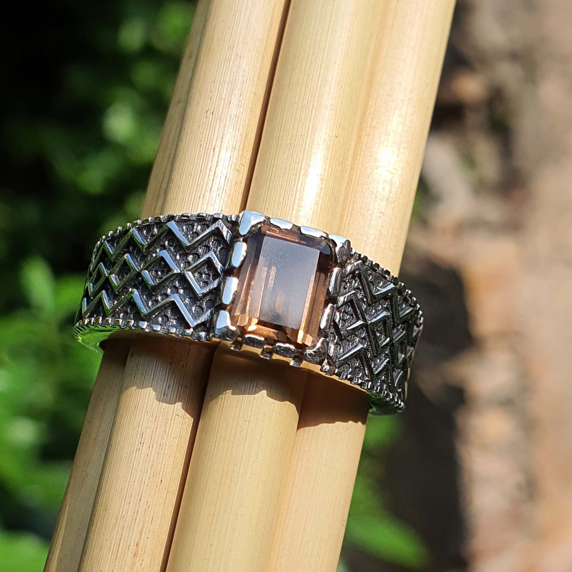 Emerald Cut Men's Smoky Quartz Ring Sterling Silver | Zig Zag Band | Bold Ring | Emerald Ring ...