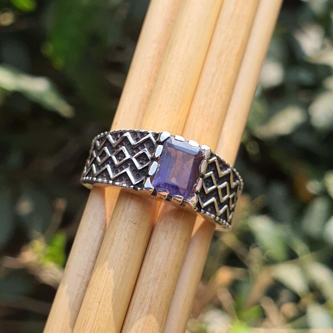 Emerald Cut Genuine Iolite Gemstone Mens Ring 925 Sterling Silver- Wide ...