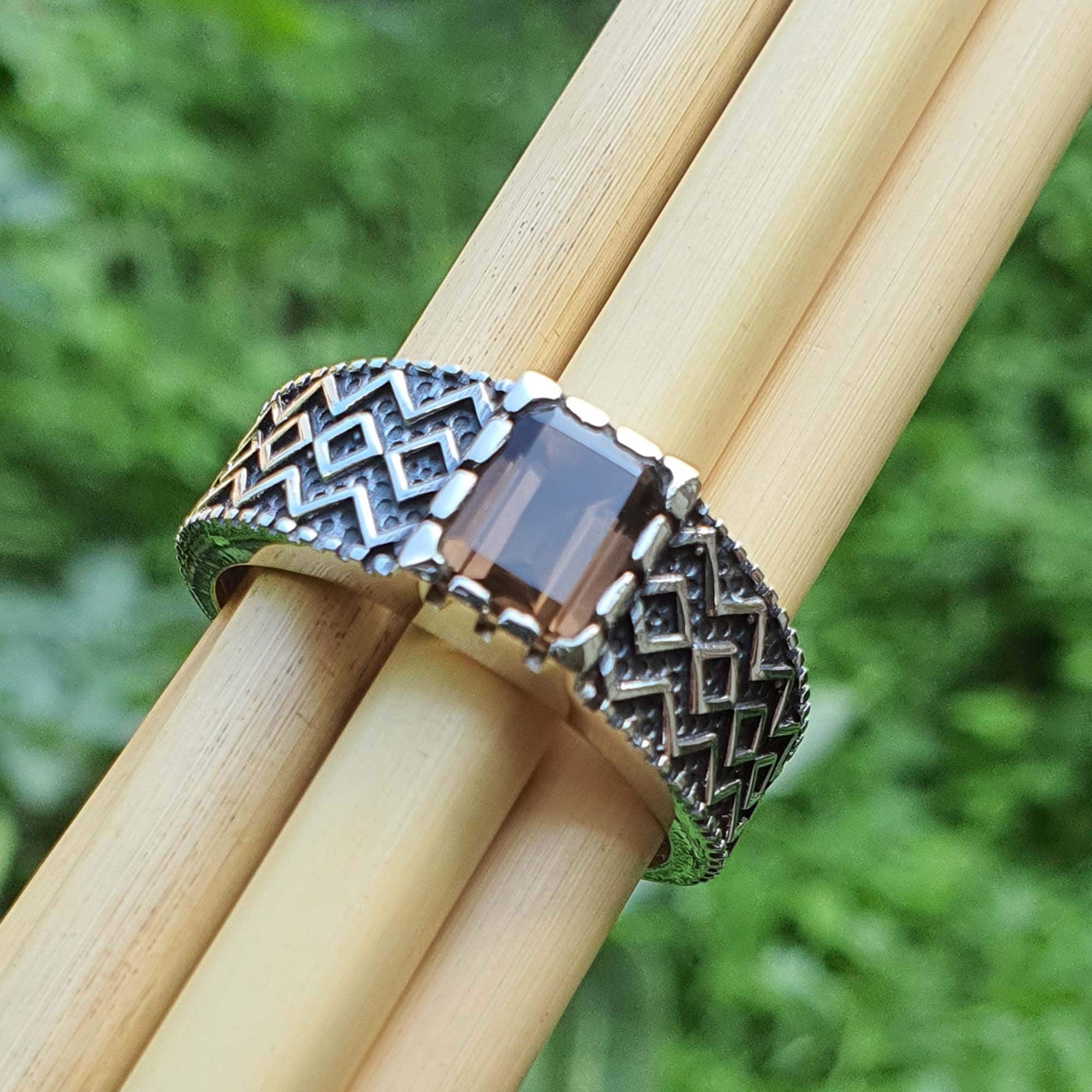 Emerald Cut Men's Smoky Quartz Ring Sterling Silver | Zig Zag Band | Bold Ring | Emerald Ring ...