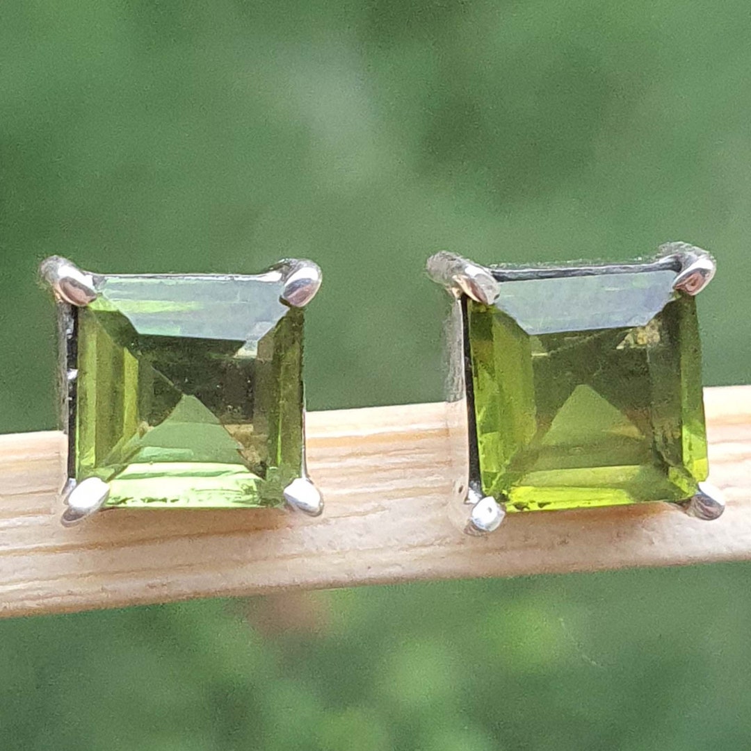 Square Cut Peridot Stud Earrings * Sterling Silver Peridot Earrings ...