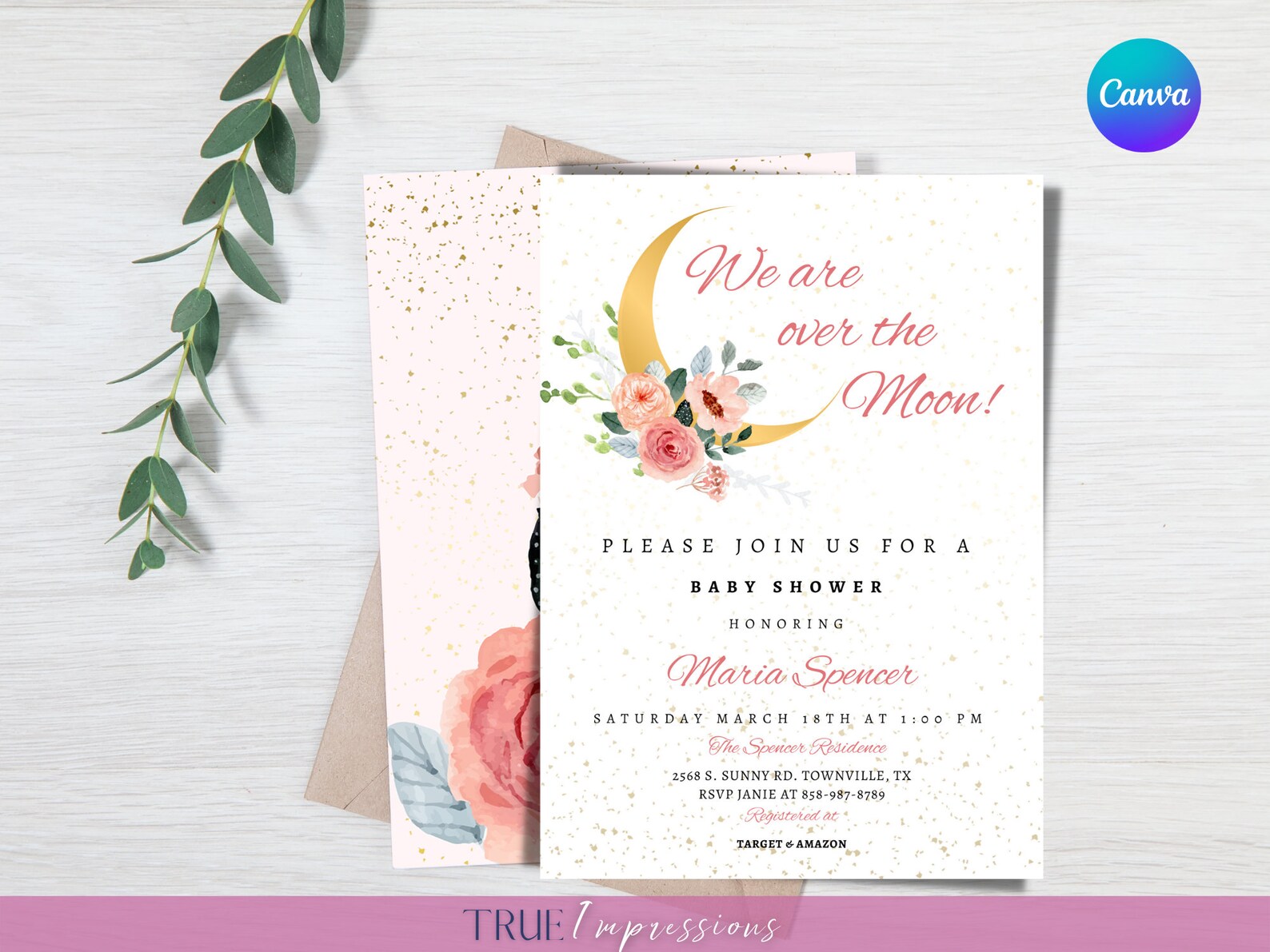 Pink Over the Moon Baby Shower Invitation CANVA Template Instant ...