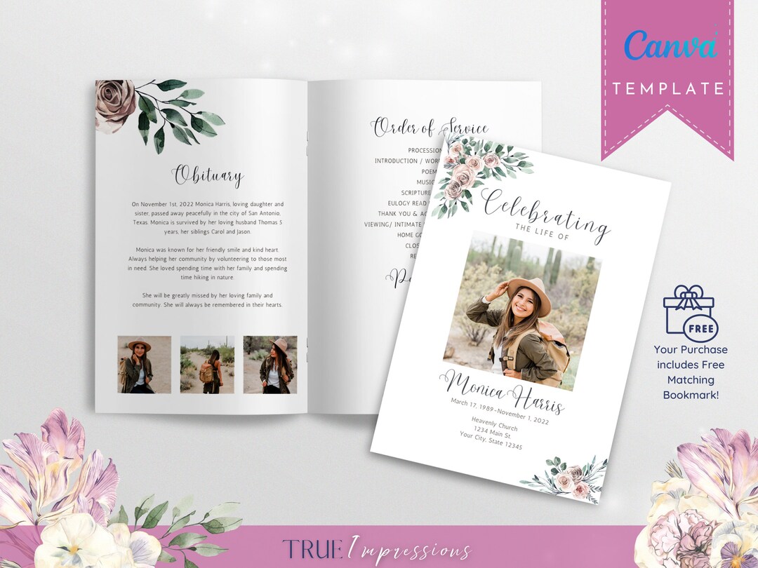 Elegant Funeral Program Template, 2 Page Celebration of Life CANVA ...