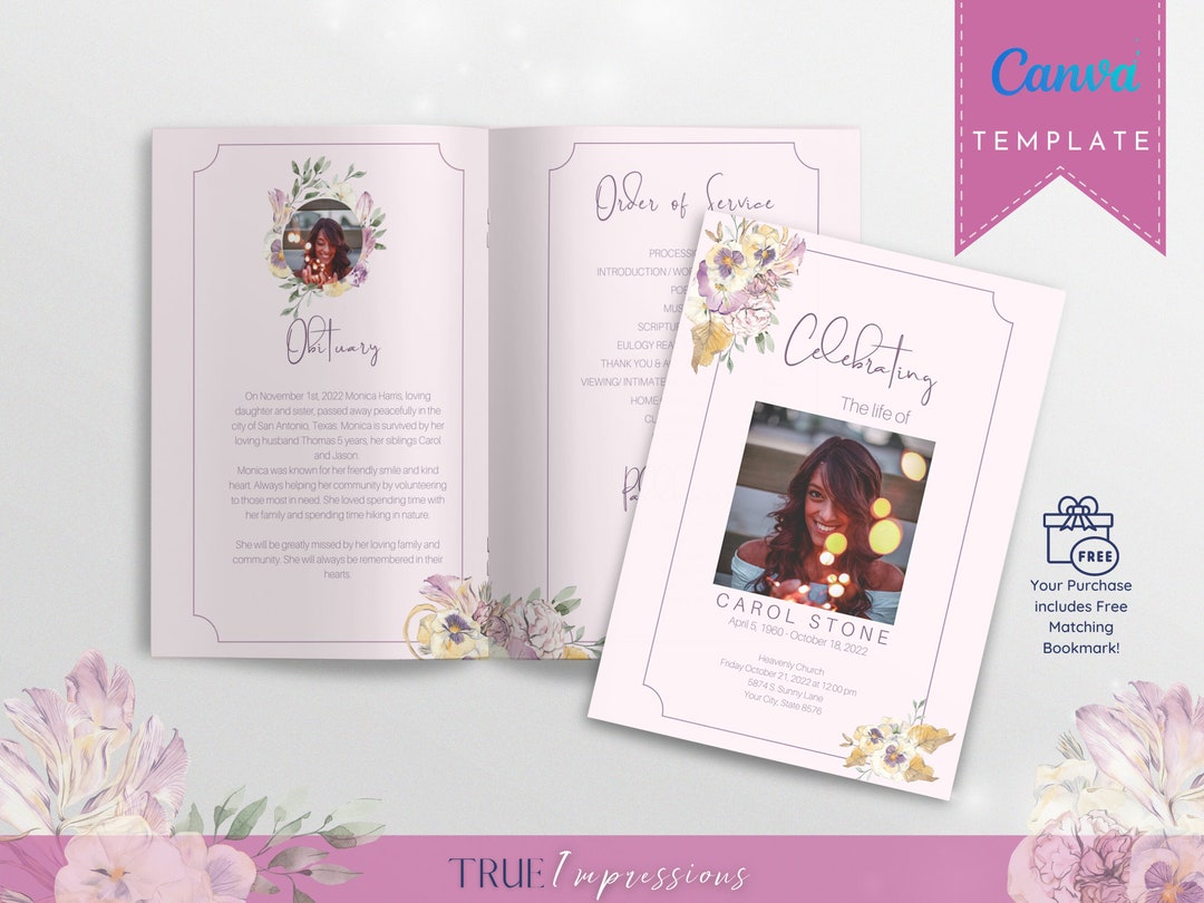 Purple Funeral Program Template, Bifold Celebration of Life CANVA ...