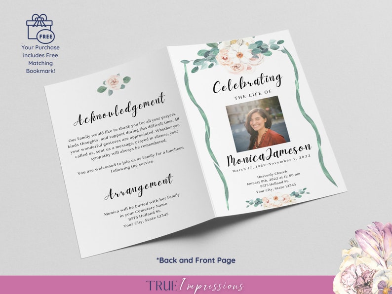 Flower Funeral Program Template 2 Page Celebration of Life - Etsy