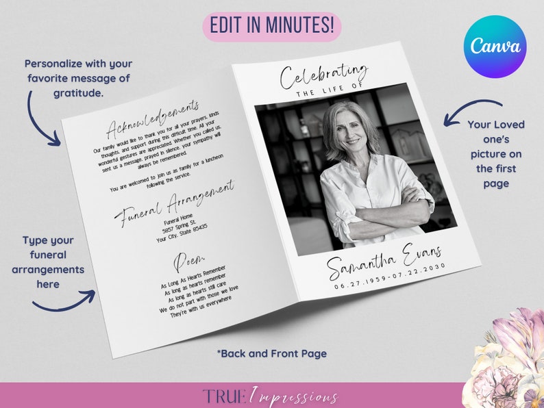 Minimalist Funeral Program Template 2 Page Celebration of - Etsy