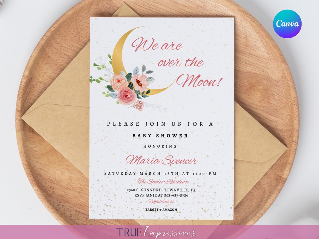 Pink Over the Moon Baby Shower Invitation CANVA Template Instant ...