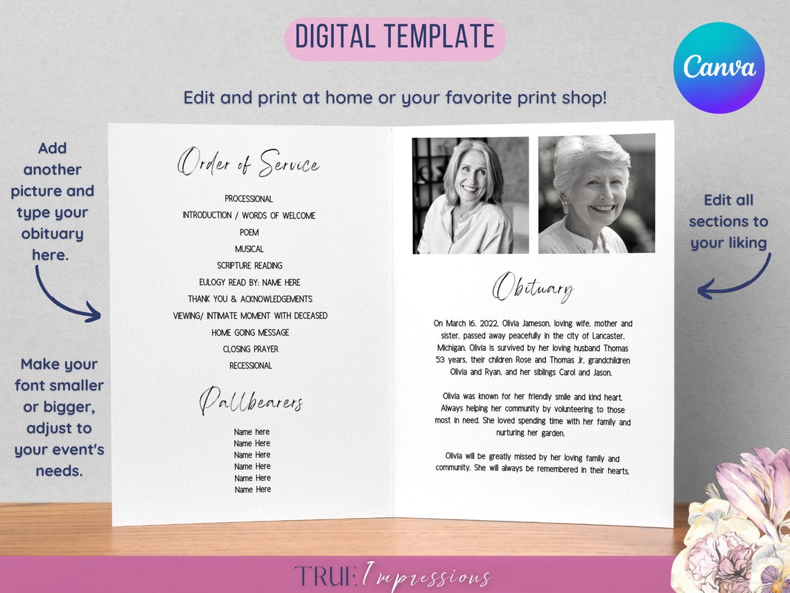 Minimalist Funeral Program Template 2 Page Celebration of - Etsy