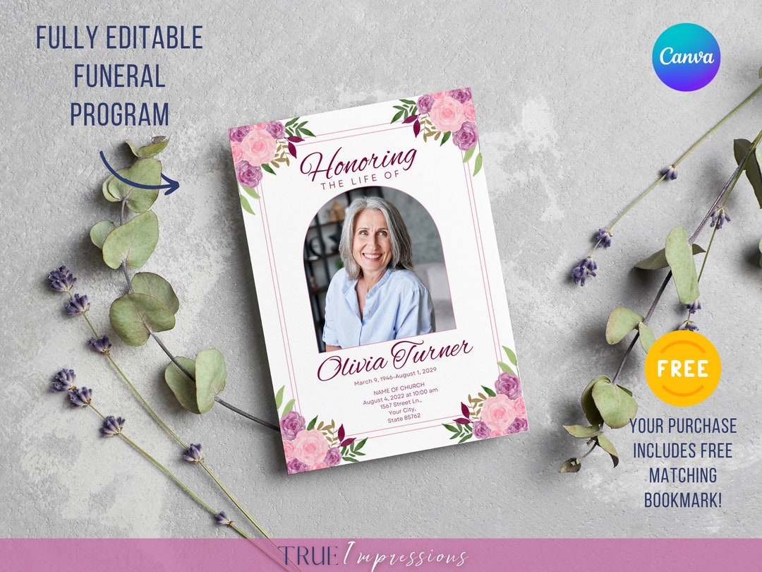 Elegant Funeral Program Template in Pink Flowers, 2 Page Celebration of ...
