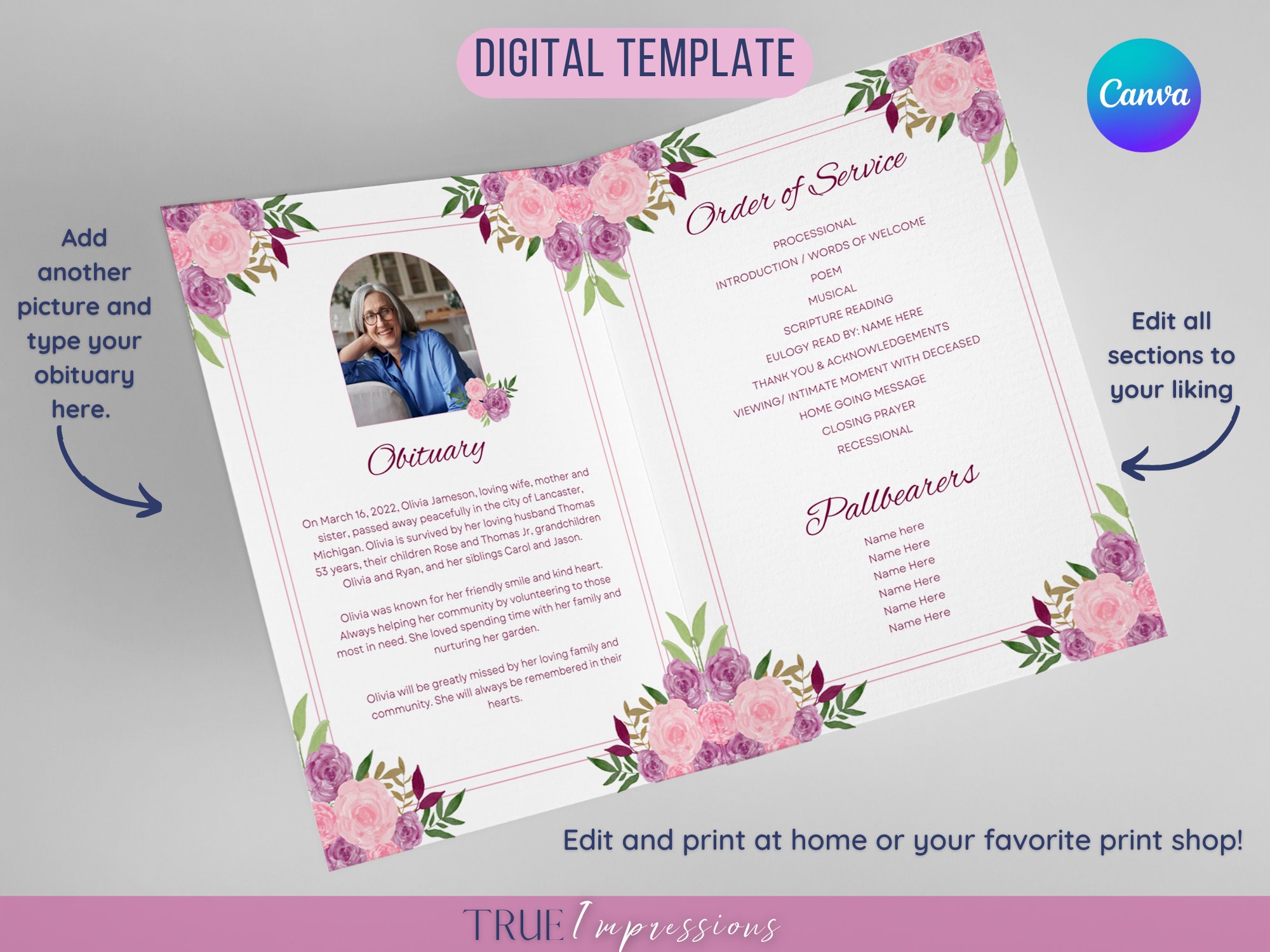 Elegant Funeral Program Template in Pink Flowers, 2 Page Celebration of ...