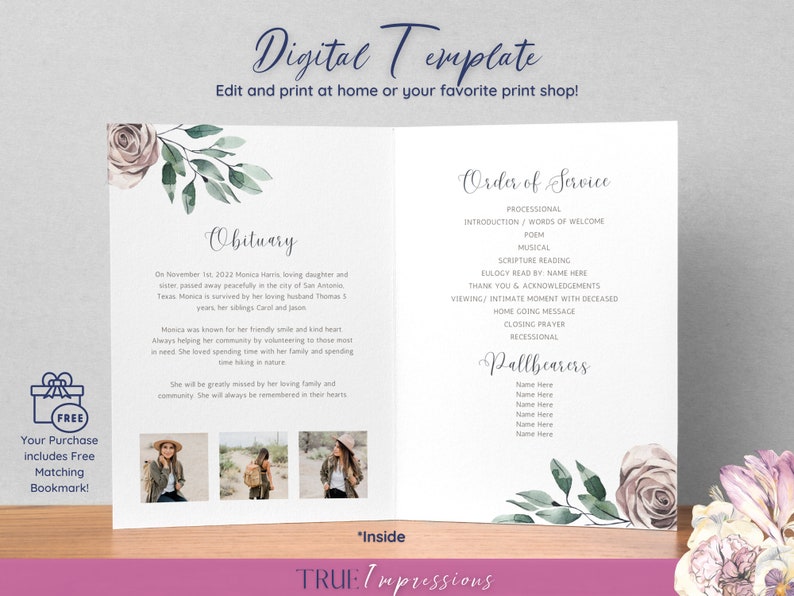Elegant Funeral Program Template 2 Page Celebration of Life - Etsy