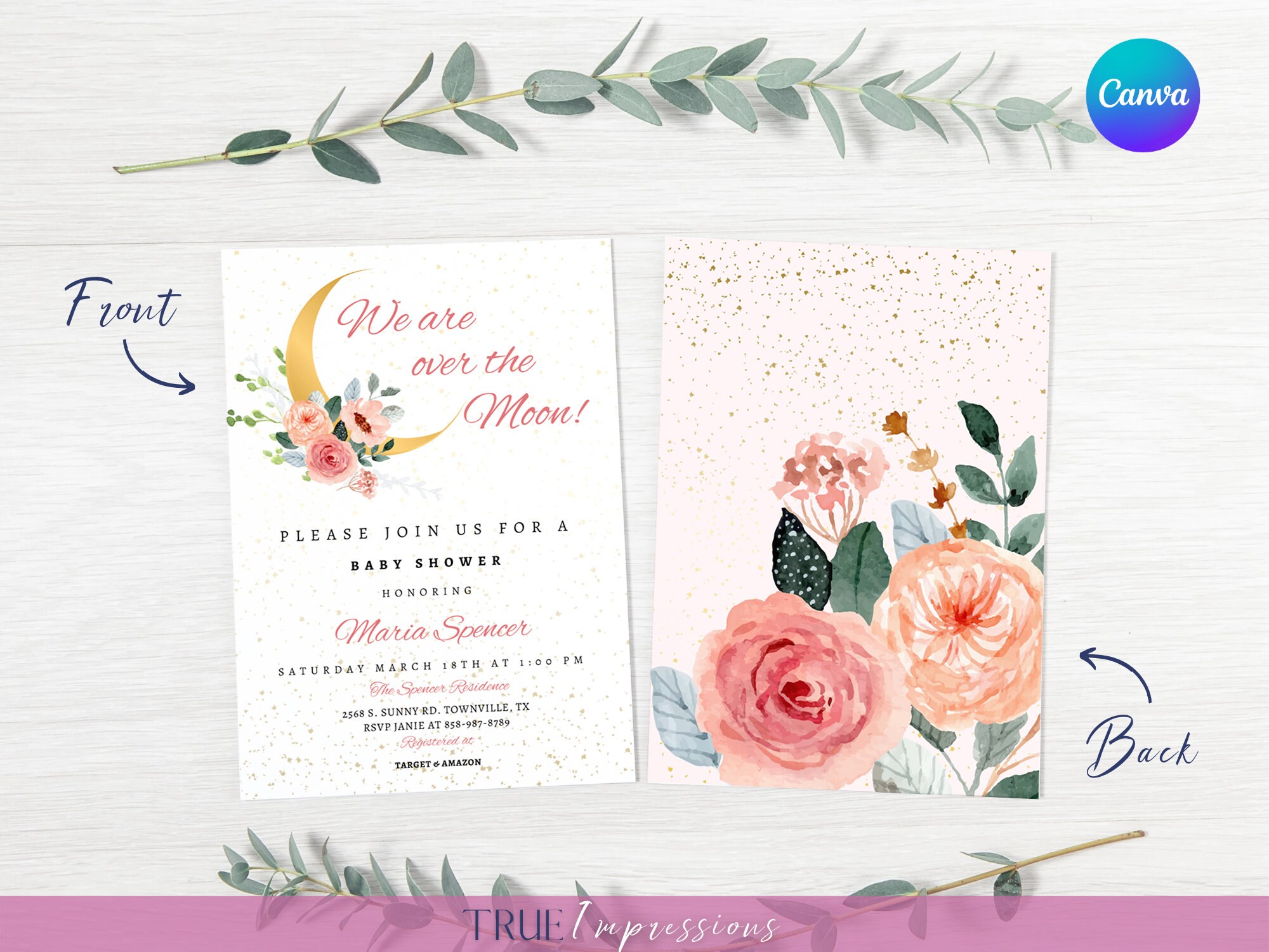 Pink Over the Moon Baby Shower Invitation CANVA Template Instant ...