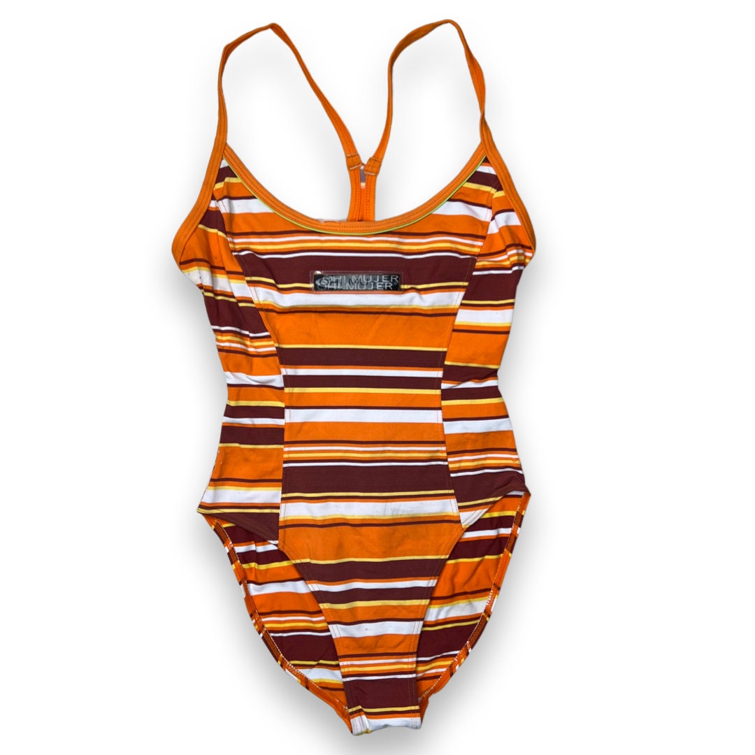 Vintage Orange Striped One Piece Bathing Swimsuit Bañador 60s 70s Retro